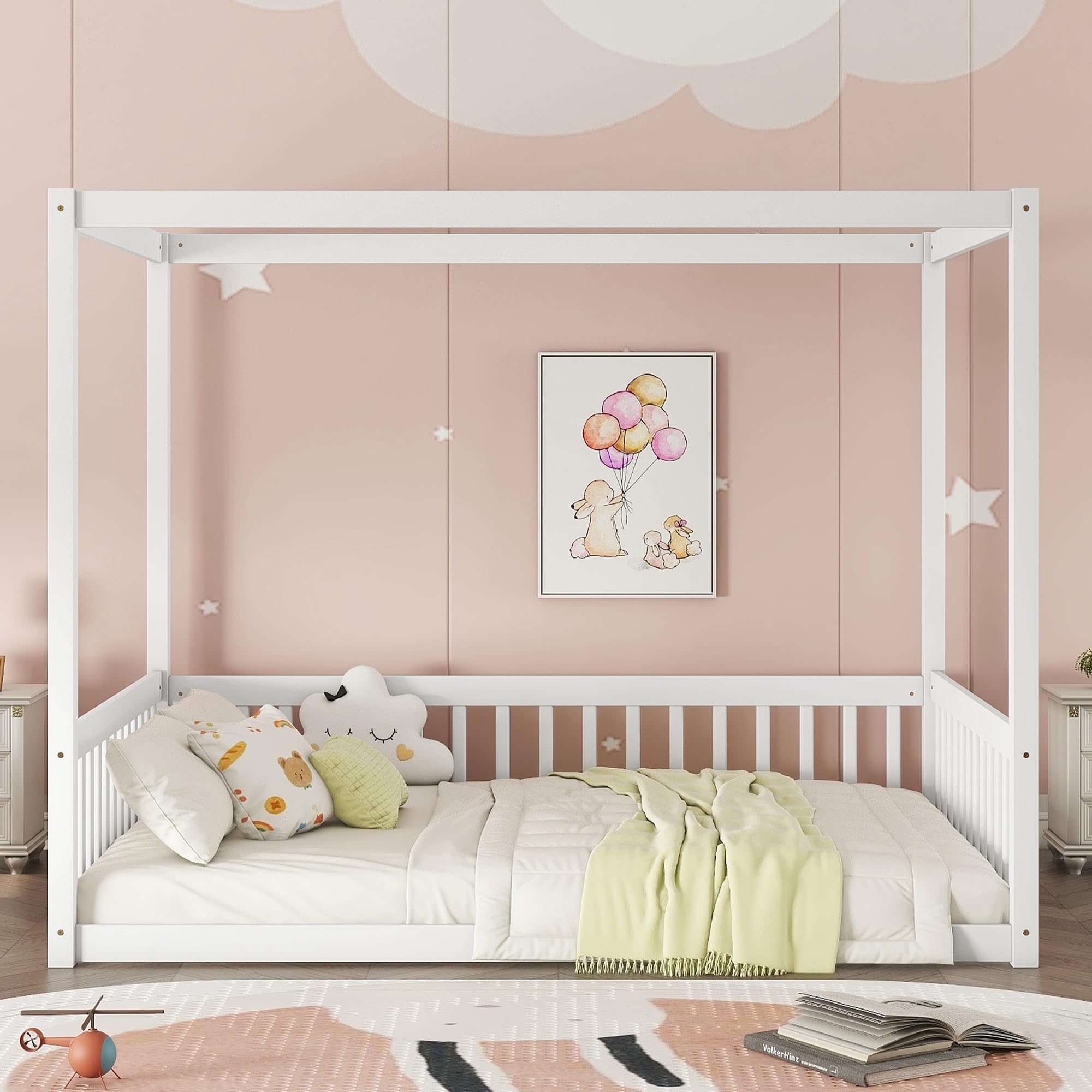 Full Size Canopy Bed Frame with Guardrails for Kids,Floor Bed Full with Four Poster Design,Kids Montessori Floor Bed,Wood Canopy Bed Frame for Girls,Boys(Full,White)