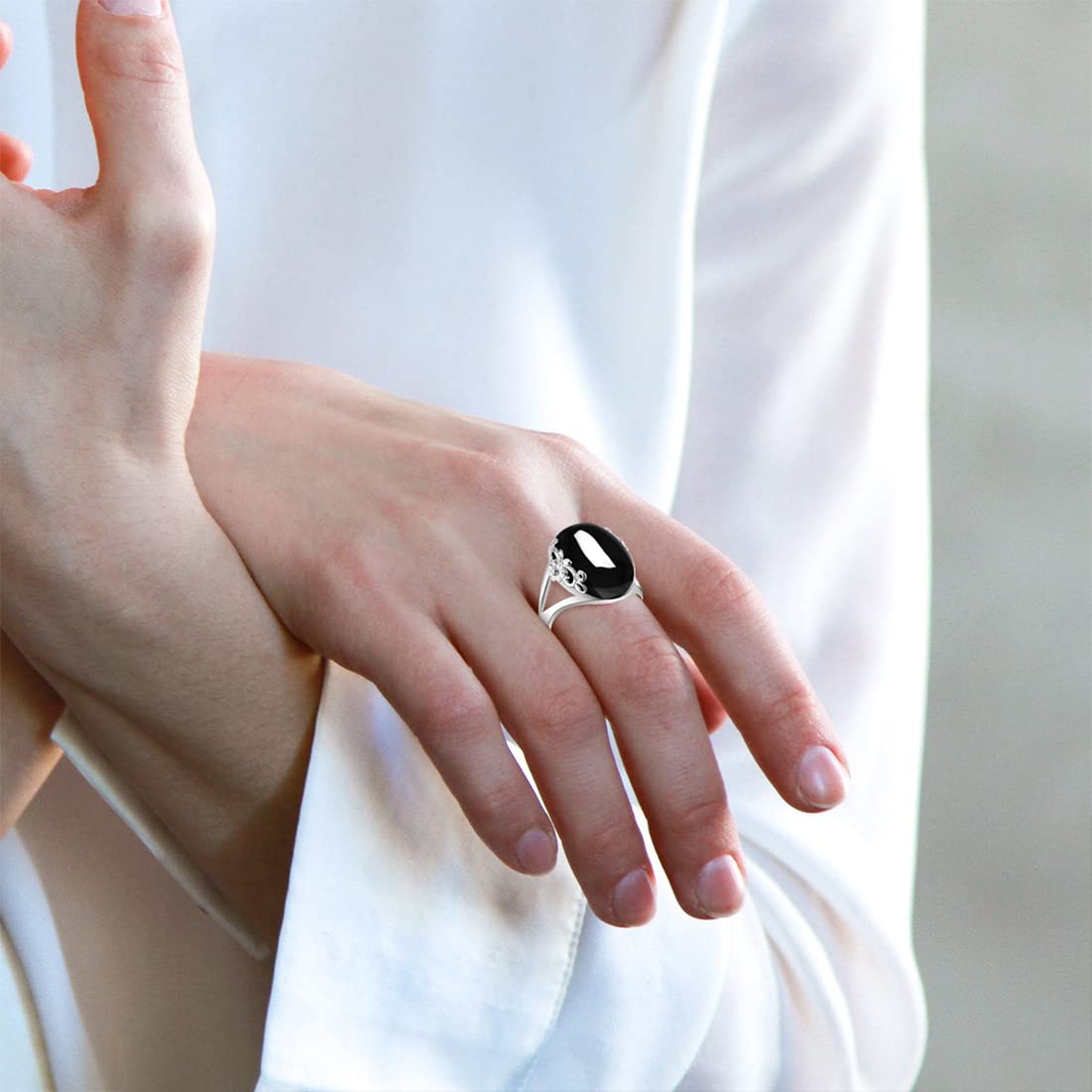 DALEGEM Natural Black Obsidian Onyx Agate Crystal Stone Ring for Women,S925 Sterling Silver Real Genuine Quartz Gemstone Turkey Ring Jewelry (Stone_D, 6)