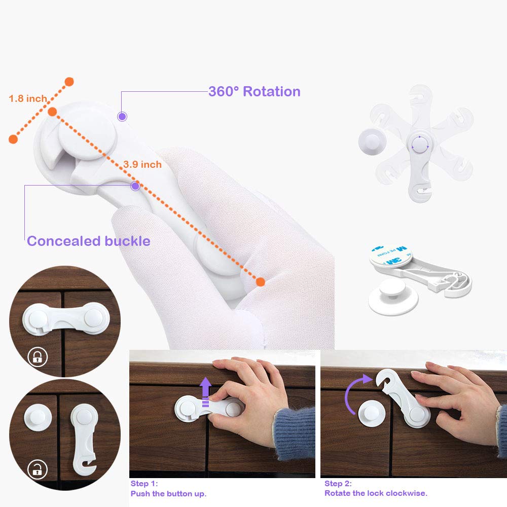 Child Safety Strap Locks and Cabinet Locks (4 Pack) for Drawers Cabinets Fridge Dishwasher Cupboard Oven Adhesive No Drilling