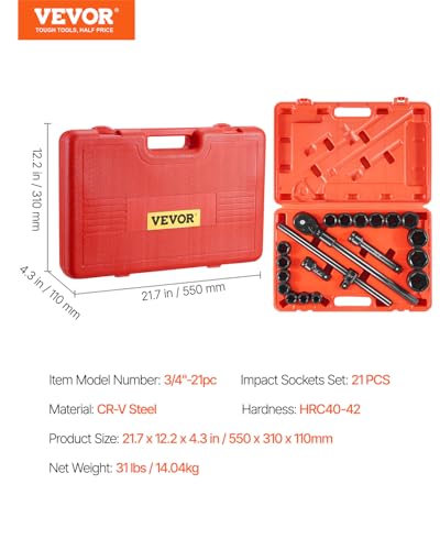 VEVOR Impact Socket Set 3/4 Inches 21 Piece Standard Impact Sockets, Socket Assortment 3/4 Inches Drive Socket Set Impact Standard SAE Sizes 3/4 Inches to 2 Inches Includes Adapters and Ratchet Handle