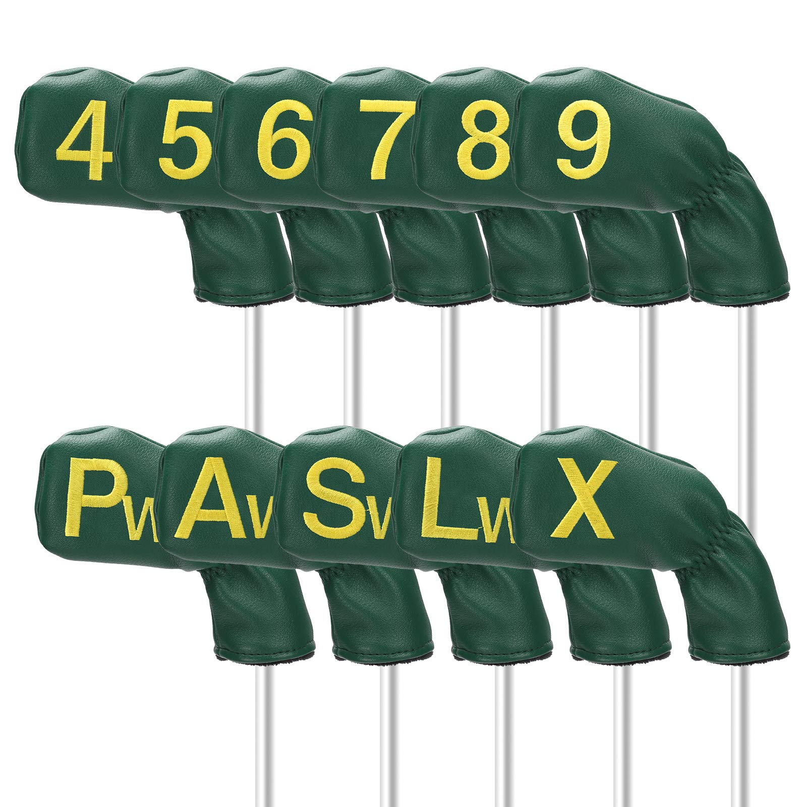 Craftsman Golf Green 11pcs /Set (4,5,6,7,8,9,A,S,P,L,X) Leather Iron Covers Headcover with Large Gold No. on Both Sideds suitable for Left and Right Handed Golfer