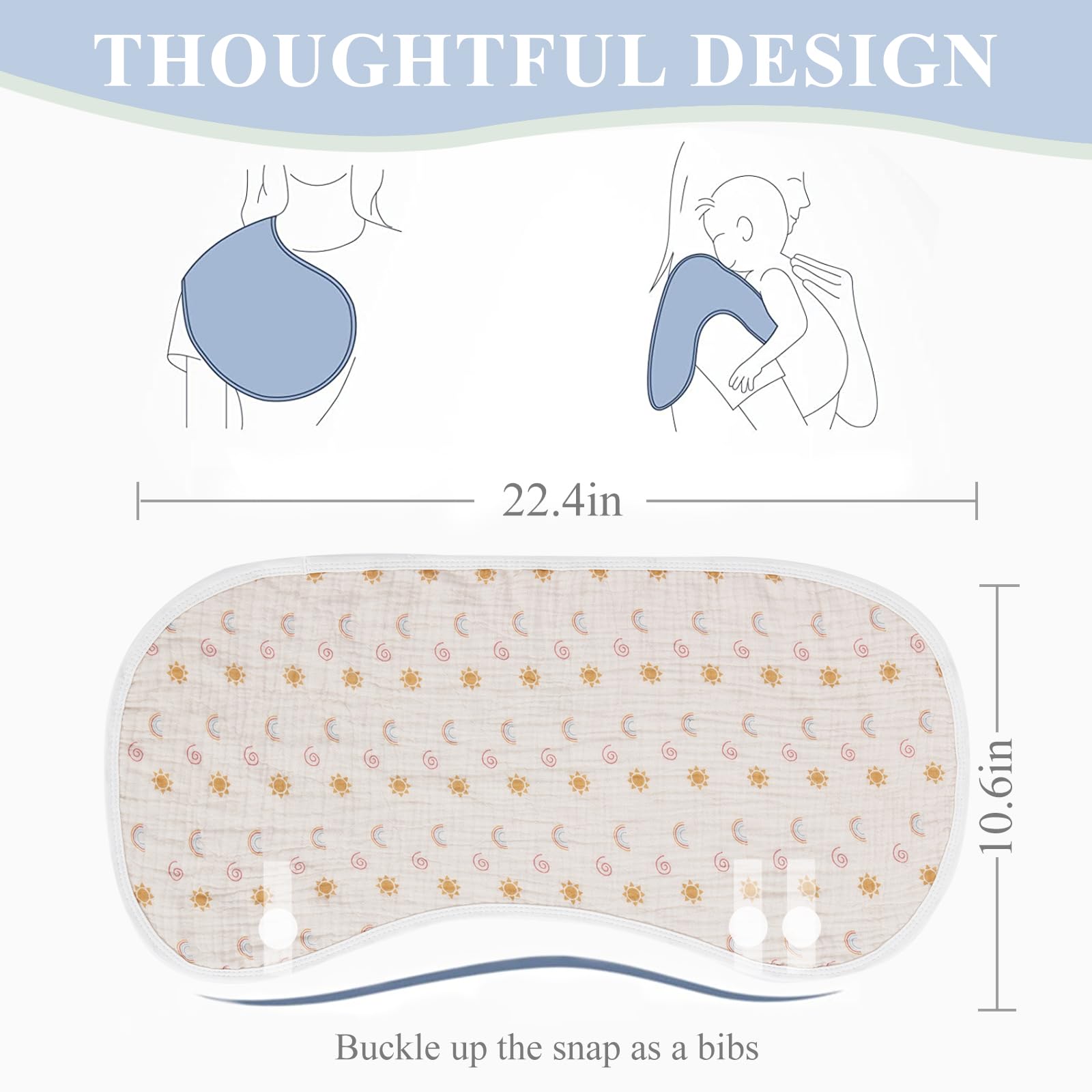 COTTONBEBE Muslin Burp Cloths with Snaps, Multi-Use Burpy Bib 100% Natural Cotton,Large 22"X11" Extra Absorbent Burping Cloth for Baby Girl & Boy, Safari & Rainbow & White