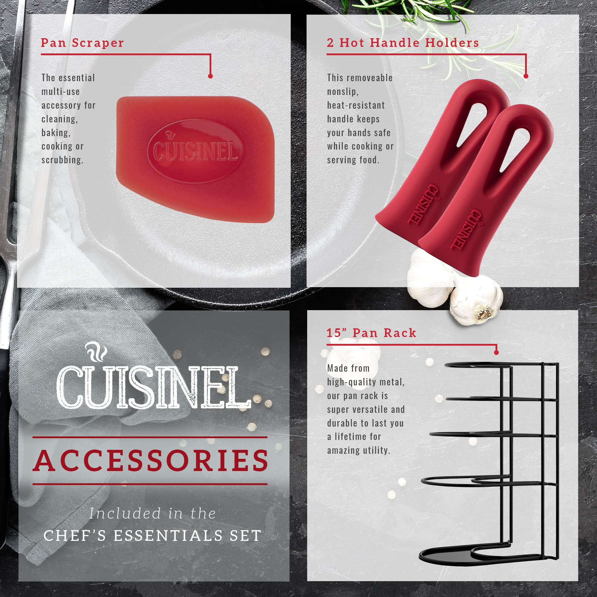 Cuisinel Cast Iron Skillets Set + Glass Lids - 8"+10"+12" Frying Pans + Pan Rack Organizer + Scraper + Silicone Grip Handle Holders - Pre-Seasoned Oven Kitchen Cookware Kit - Grill, Fire, Stovetop Use