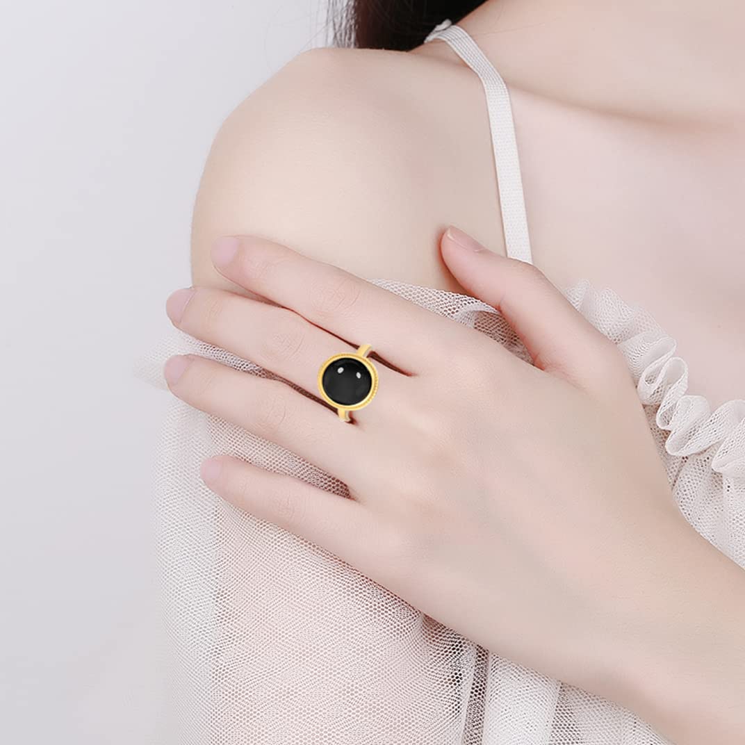 DALEGEM Women 14K Gold Natural Round Agate Onyx Stone Ring,Real Genuine Crystal Quartz Gemstone Stone Ring Jewelry for Women (Stone_C, Adjustable)