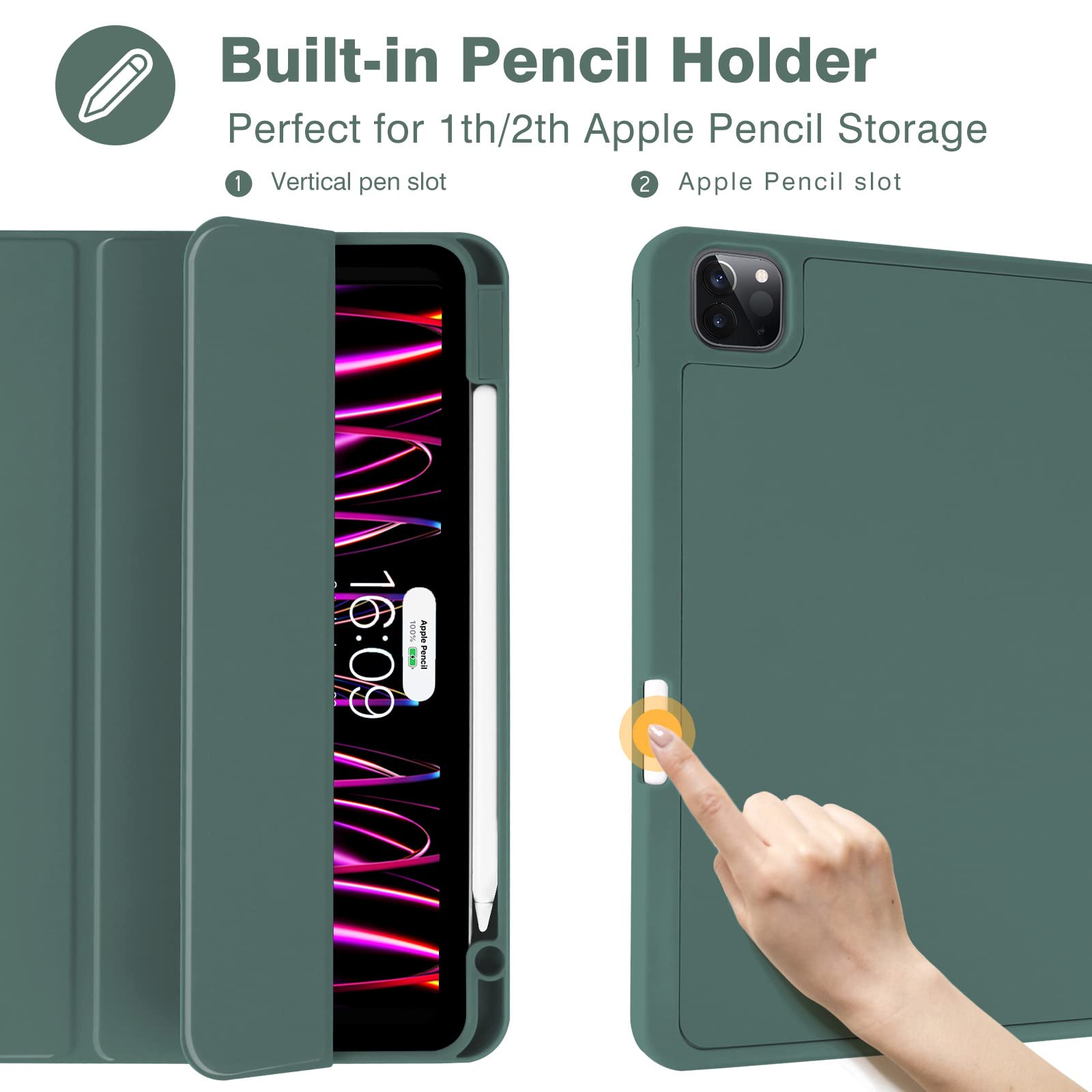 Dwopar for iPad Pro 11 Inch Case 4th Generation 2022/ 3rd Generation 2021/ 2nd Generation 2020 with Pencil Holder, Smart Trifold Stand Protective Case,Slim TPU Back, Auto Wake/Sleep Cover(Dark Green)