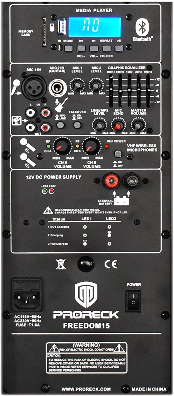 PRORECK Freedom 15 Portable 15-Inch 800 Watt 2-Way Rechargeable Powered Dj/PA Speaker System with Bluetooth/USB/SD Card Reader/FM Radio/Remote Control/Wireless Microphones/Speaker Stand