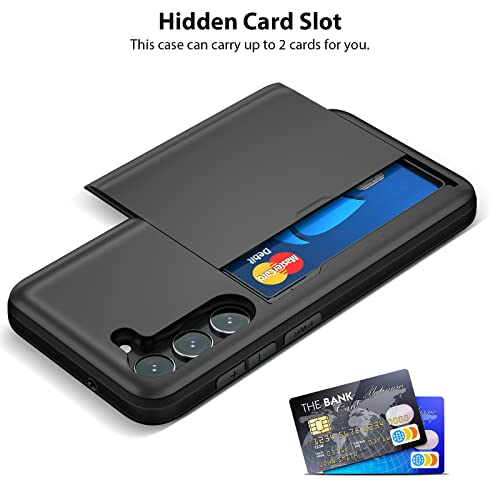 Jiunai Samsung S23 Case, Galaxy S23 Case Wallet Cover Credit Card IDs Cash Holder Shell Sliding Pocket Dual Layer Hard PC Soft Rubber Bumper Phone Cases for Samsung Galaxy S23 5G 6.1'' 2023 Black