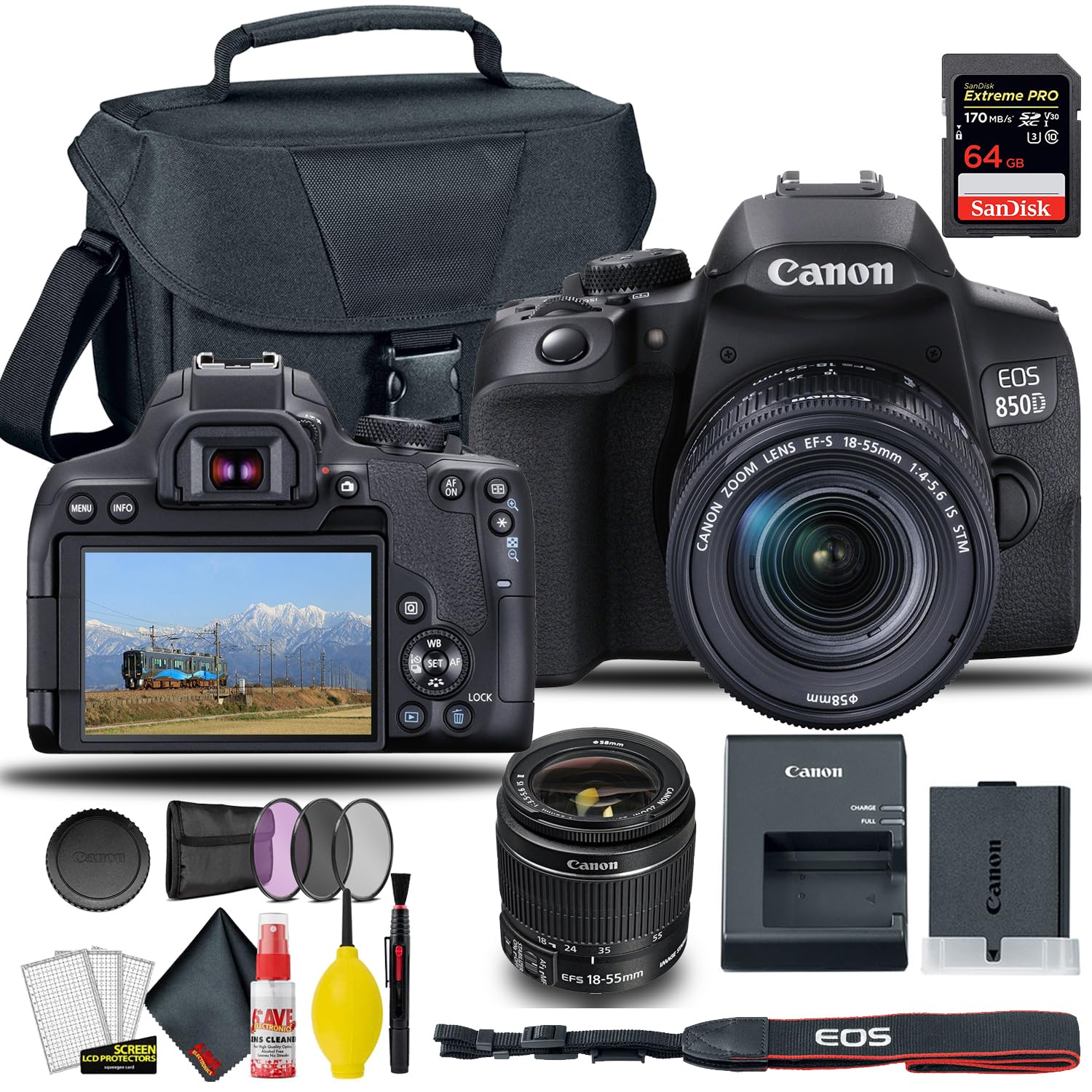 Canon EOS 850D / Rebel T8i DSLR Camera with 18-55mm Lens (Black) + Creative Filter Set, EOS Camera Bag, Sandisk Extreme Pro 64GB Card, 6AVE Electronics Cleaning Set, and More (Renewed)
