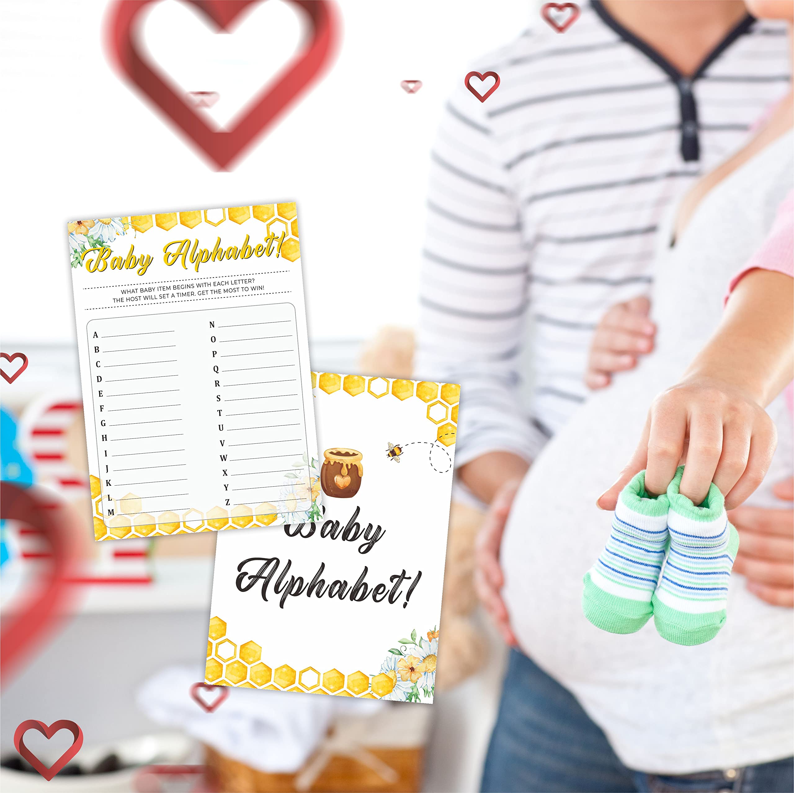 DYIRBIIY Honey Bee Themed Baby Shower Game Cards, Baby Alphabet Double Sided - 30 in Pack (5 X 7 inches)-(BABYYX-003)