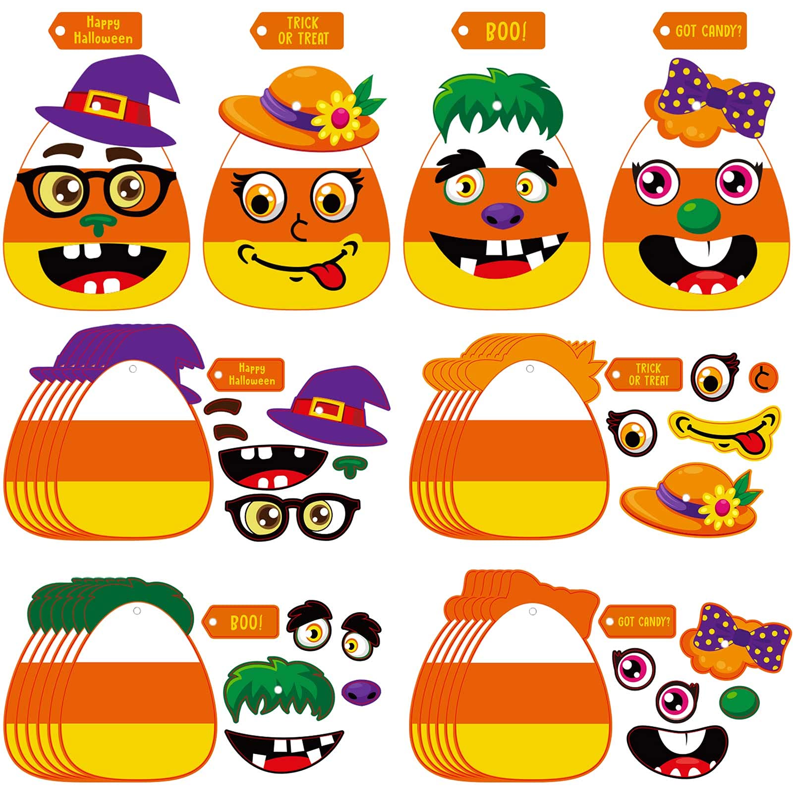 Sumind Halloween Candy Corn Craft Kits for Kids Halloween Activities DIY Handicraft Fun Home Activities for Birthday Activities Party Supplies Classroom Arts, 4 Styles (24 Sets)
