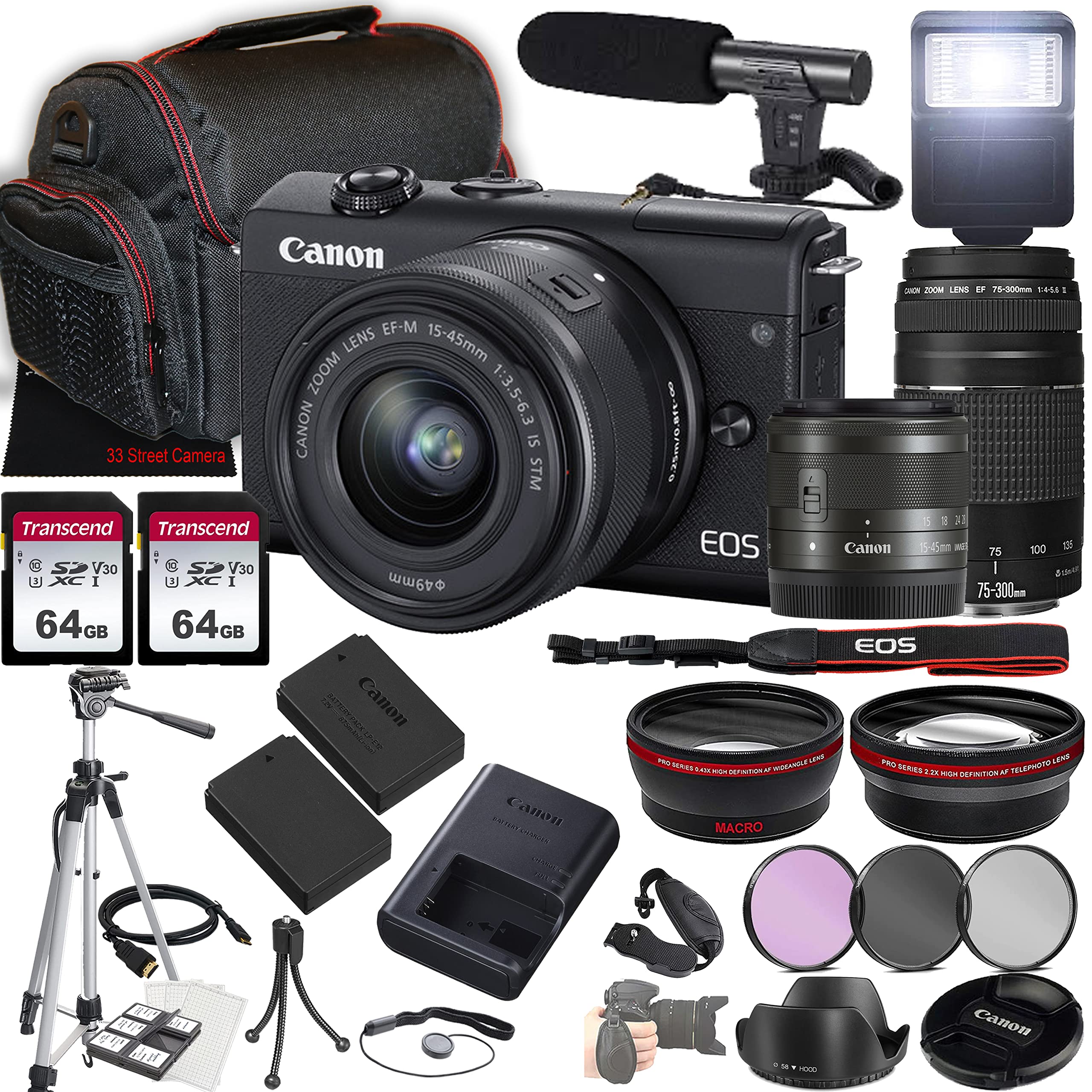 Canon EOS M200 Mirrorless Camera (White) w/EF-M 15-45mm f/3.5-6.3 is STM Lens + EF 75-300mm f/4-5.6 III Lens + 2X 64GB Memory + Case + Microphone + Tripod + More (35pc Bundle)
