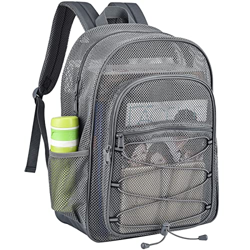 Heavy Duty Mesh Backpacks for Adults, Mesh School Booking Bags for Boys and Girls, See Through Backpack with Adjustable Straps, Mesh Bags for Swimming(Grey)