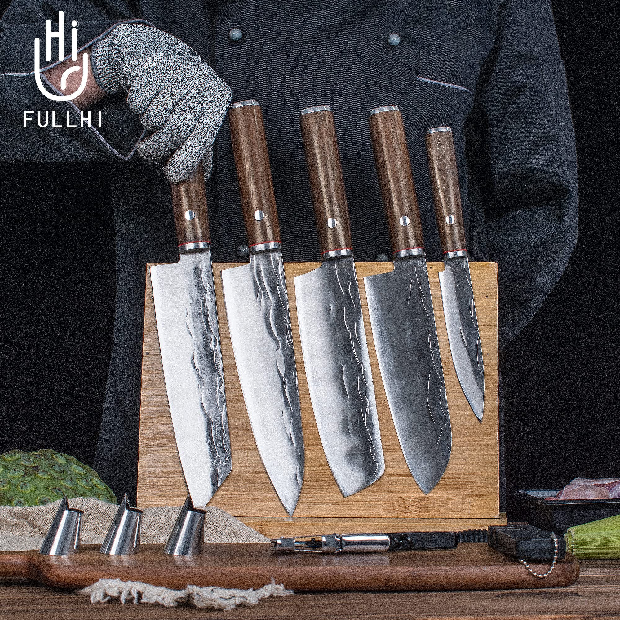 FULLHI 11pcs hand forged Chef Knife Set High Carbon Steel Cleaver Kitchen Knife Vegetable Cleaver Home BBQ Camping with Knife Bag