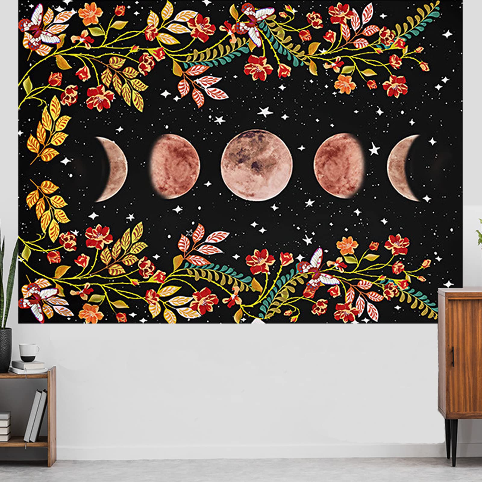 Sun And Moon Tapestry - 51.2 x 59.1 In Moon Phase Tapestries Flower Vine Tapestry Home Decoration Background Cloth, Garden Decor Banner Tapestry For Bedroom Livingroom Wall Hanging Art Aesthetic