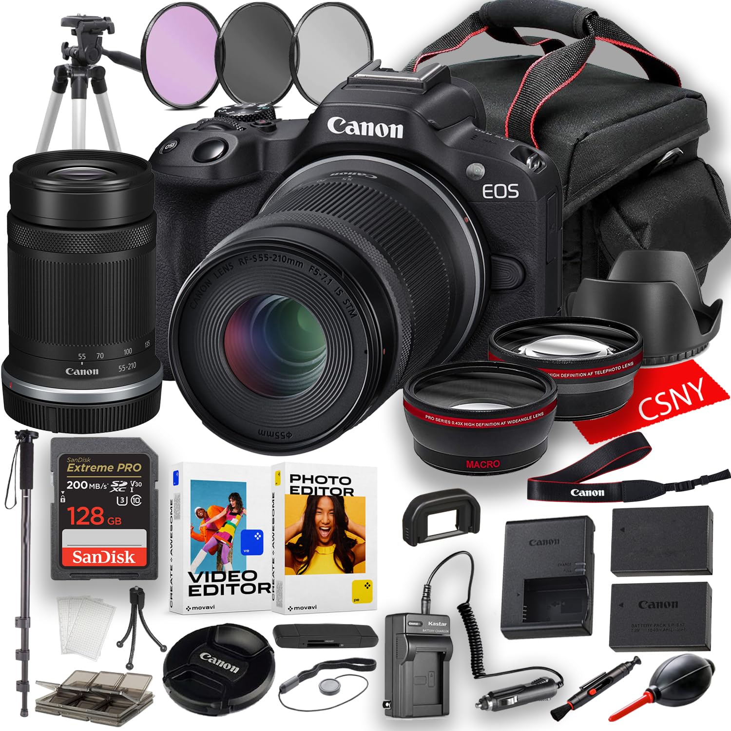 Canon EOS R50 Mirrorless Camera with 55-210mm Lens + 128GB Memory + Pro Series 0.43x Af Wideangle Lens + Pro Series 2.2X Af Telephoto Lens + Monopod + Filters + Tripod + More (29pc Bundle) (Renewed)