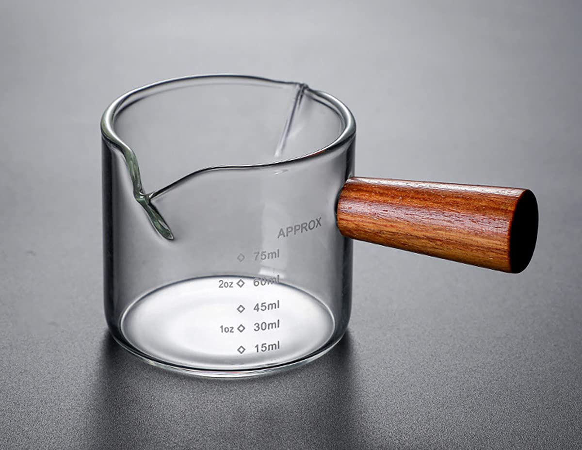 Dadamong 2-Pack Espresso Shot Glass 2.5-Ounce (75ML), Double Spouts Measuring Cup Triple Pitcher Mini Milk Cup with Wood Handle Glass Creamer for Coffee Tea Milk or Maple Syrup Serving