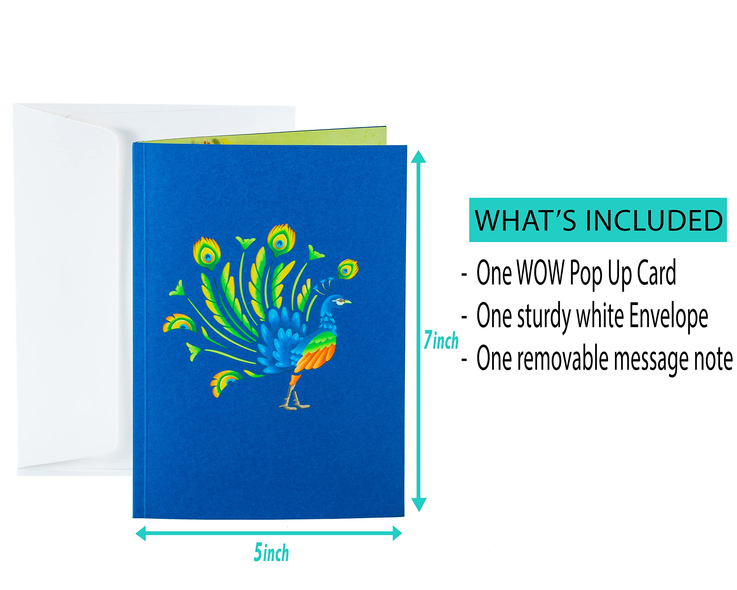WOWPAPERART Peacock - 3D Pop Up Greeting Card For All Occasions - Love, Birthday, Christmas - Message Note for Personalized - Thick Envelope - 5x7 In