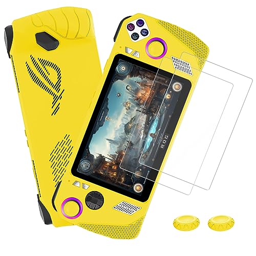 PAKESI Silicone Case for ASUS ROG Ally 2023 Release,Handheld Game Console Cover Protector Case with 2 Thumb Grip Caps and 2 Pack Screen Protectors - Enhance Your Gaming Experience(Yellow)