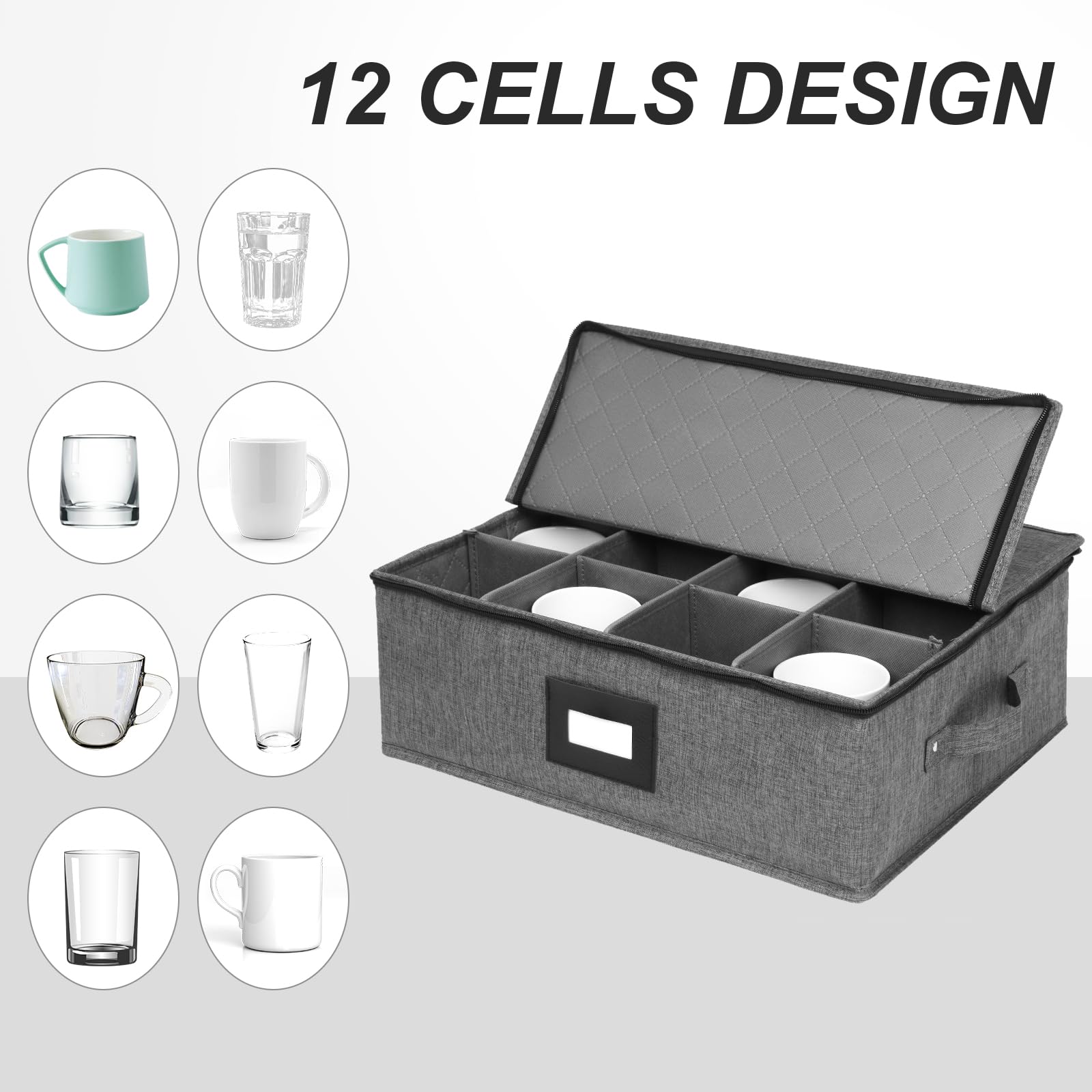 Cup and Mug Storage Box 2Pack, 12 Cells China Storage Containers for Tea Cups and Coffee Mugs with Zipper Lid and Rivet Reinforced Handles, Hard Shell and Stackable (Black)