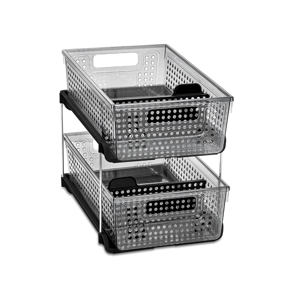 madesmart 2-Tier Plastic Multipurpose Organizer with Divided Slide-Out Storage Bins, Compact Under Sink and Cabinet Organizer Rack, Smoke