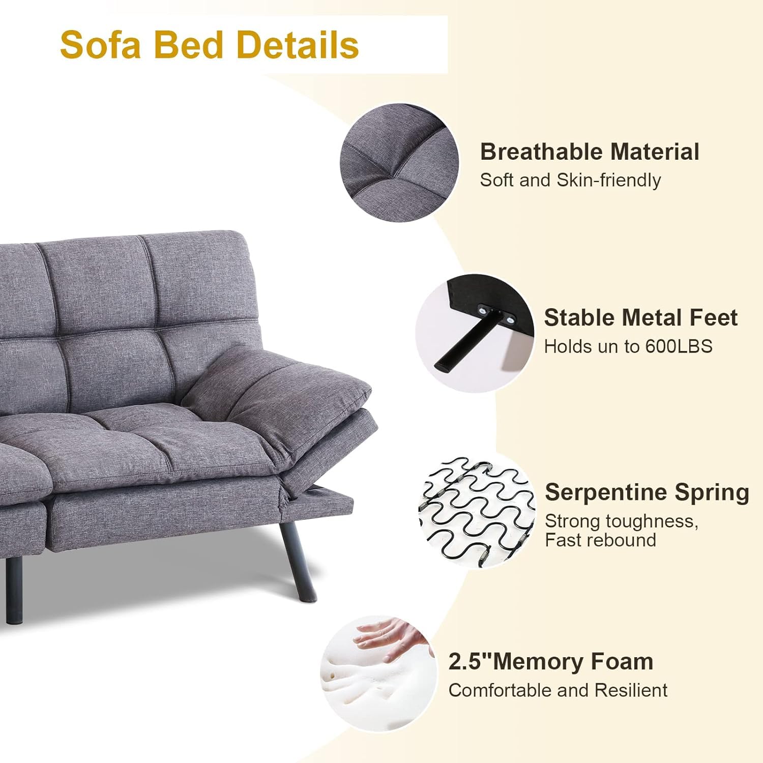 MUUEGM Bed,Convertible Adjustable Memory Foam Futon Couch, Sleeper Living Room Office,Apartment,Small Space Sofas, Light Grey
