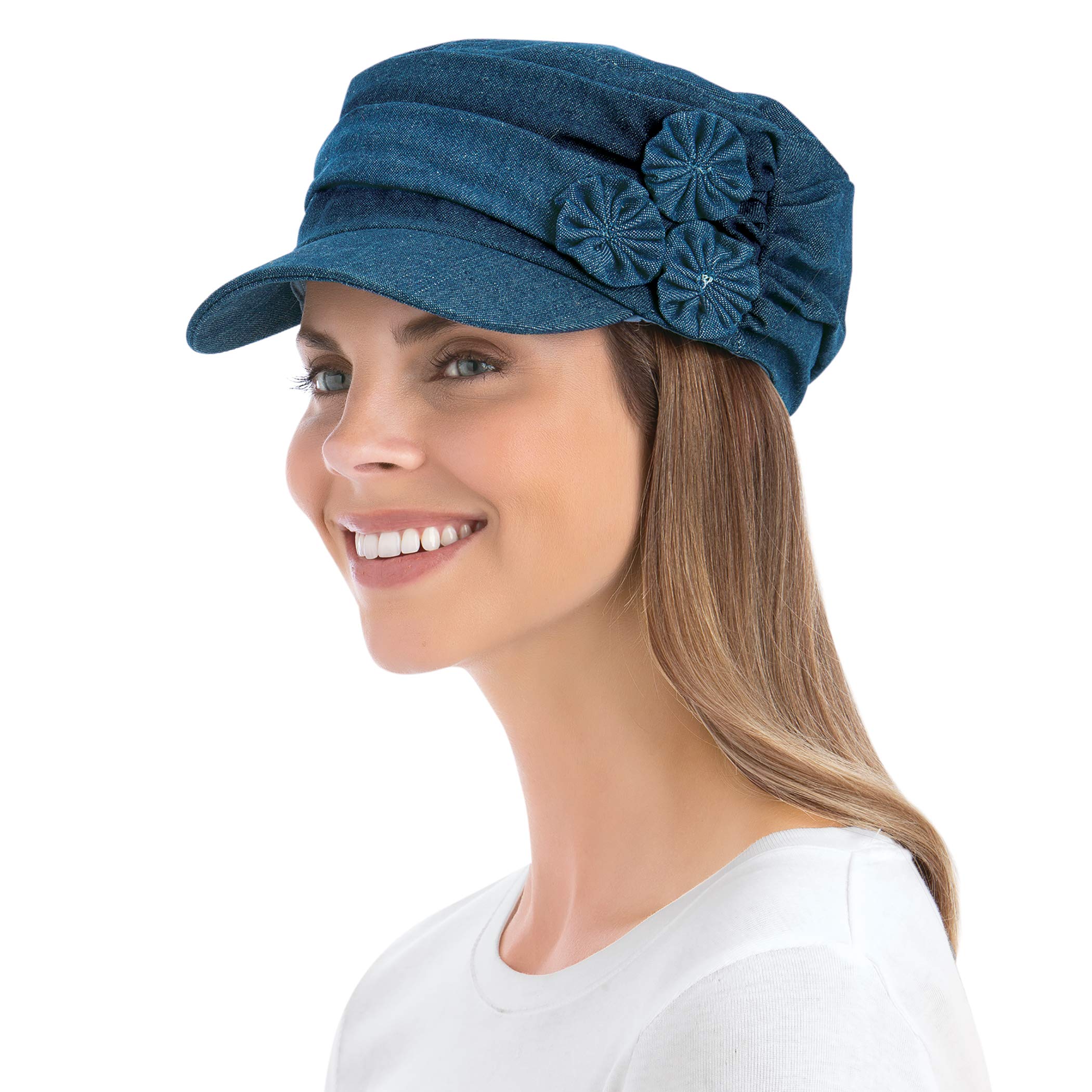 Collections Etc Womens Elasticized Floral Embellished Shirring Detail Hat | Soft Detailed Beanie Denim Blue