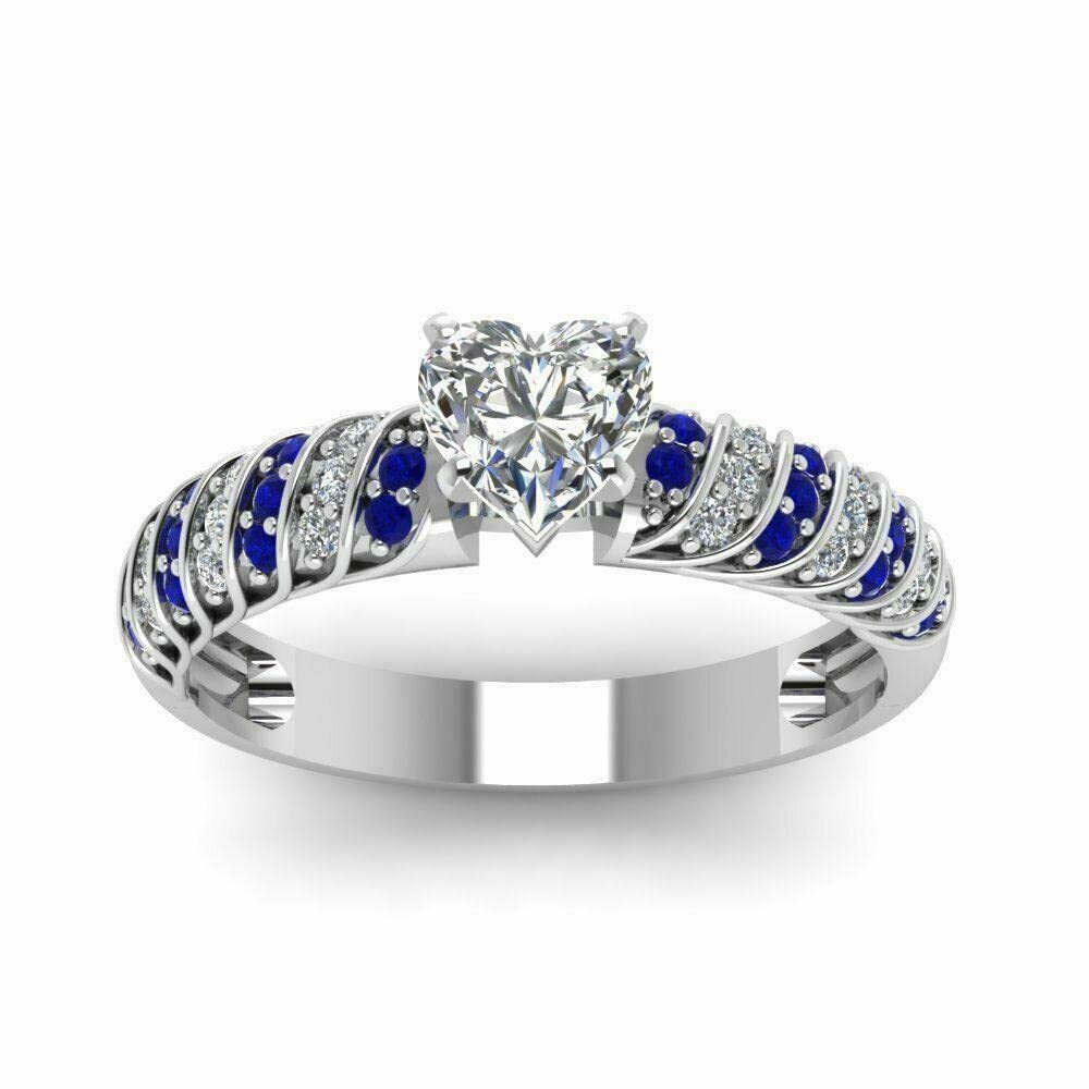 Creations Jewel Shop 3.25 Heart Cut White & Blue Sapphire Diamond Solitaire Engagement Ring (Size:- 8) for Engagement Ring/Wedding/Valentines