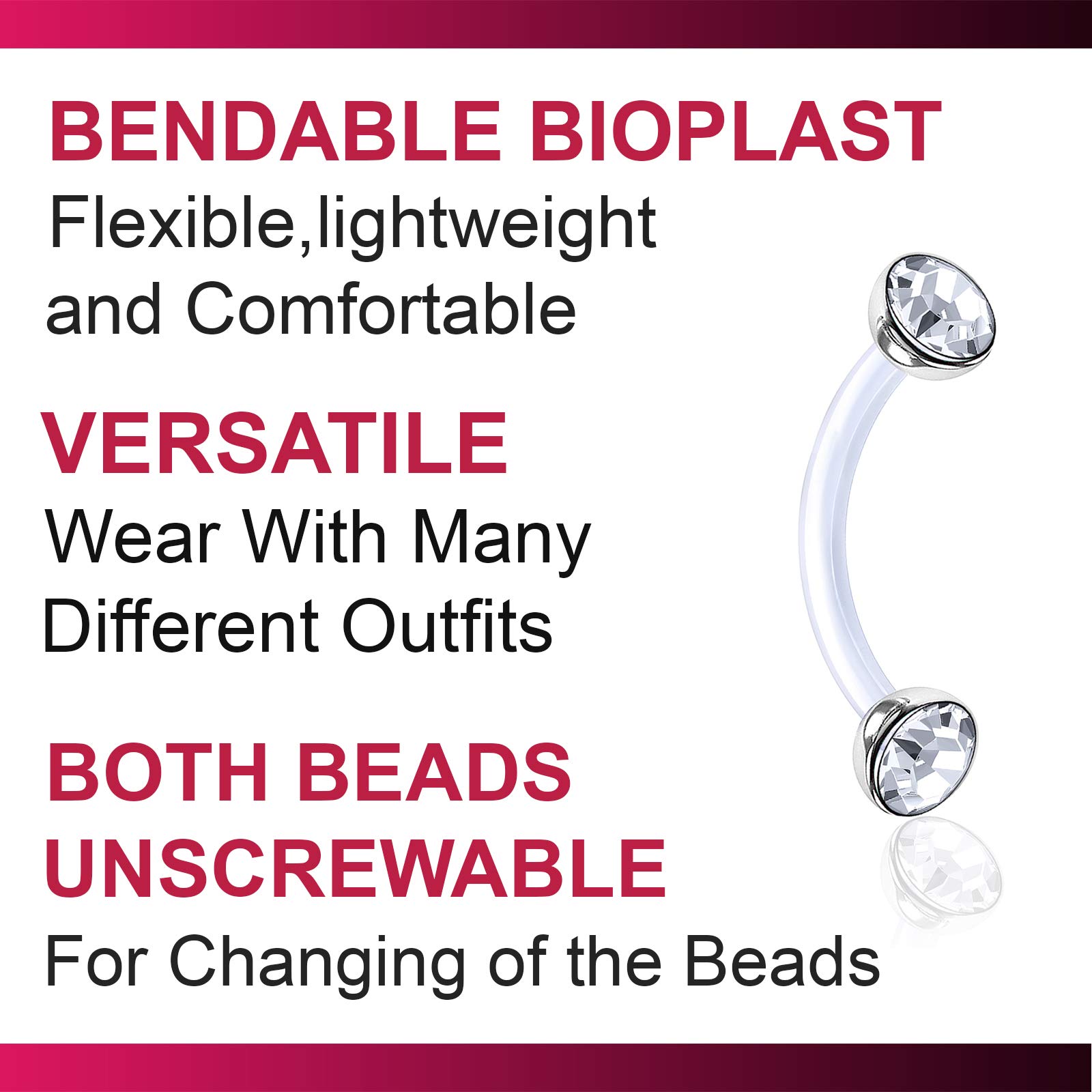 bodyjewellery 2pcs 16g 3/8 Curved Barbell Septum Cartilage Earring Eyebrow Helix Bioflex Flexible Tragus Steel halfball - CL