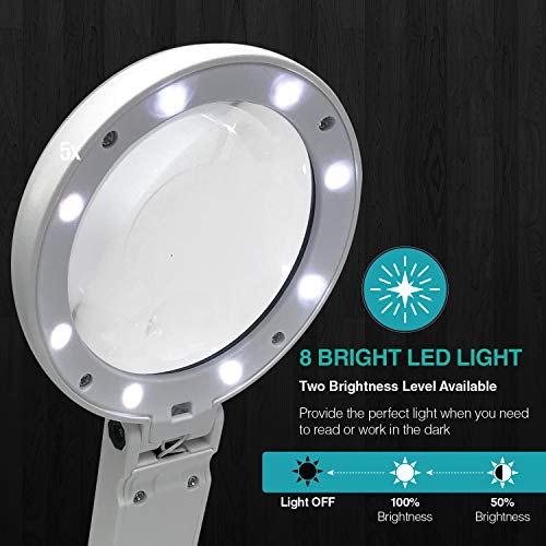 Magnifying Glass with 8 LED Lights, Handsfree Magnifier, [5X+11X] Dual Magnification Lens, Gentle & Bright Light Settings- Ideal for Reading Books, Jewlery, Coins, Craft & Hobbies…