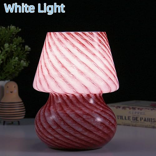 MKolour Mushroom Bedside Table Lamps - Glass LED Bedside Night Lamps, Vintage Small Table Lamps for Bedroom,Living Room,Nightstand,Study (Red Twill)