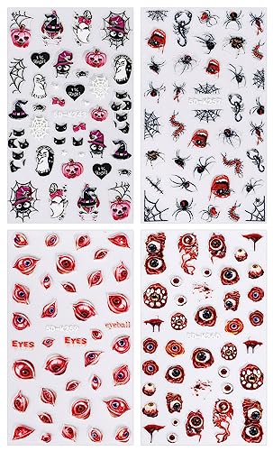 JMEOWIO 3D Embossed Halloween Nail Art Stickers Decals Self-Adhesive Pegatinas Uñas 5D Skull Horror Evil Eyes Bat Ghost Nail Supplies Nail Art Design Decoration Accessories 4 Sheets