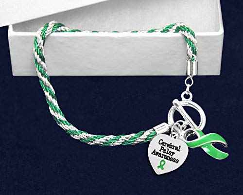 Cerebral Palsy Awareness Charm Bracelet with Accent String - Green Ribbon Bracelets for Cerebral Palsy Awareness
