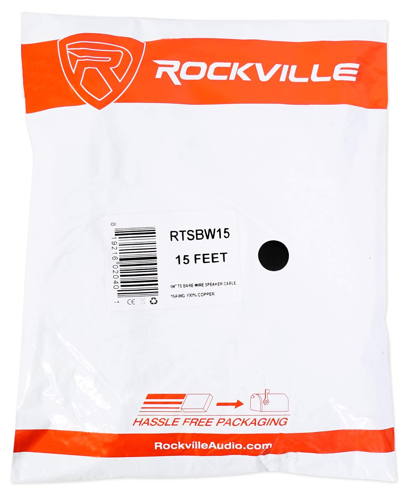 Rockville RTSBW15 15 Foot 1/4" TS to Bare Wire Speaker Cable,16 AWG,100% Copper