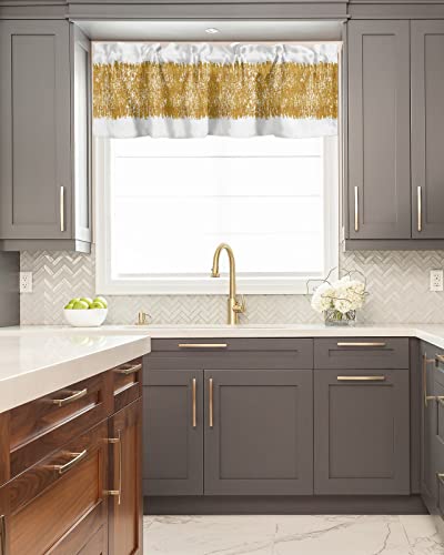 WARM TOUR Curtain Valances for Kitchen Windows Gold Block Line White Back,Privacy Rod Pocket Drape Modern Abstract Art,Window Valance Toppers for Living Room Bathroom Cafe Home Decor 42x12in