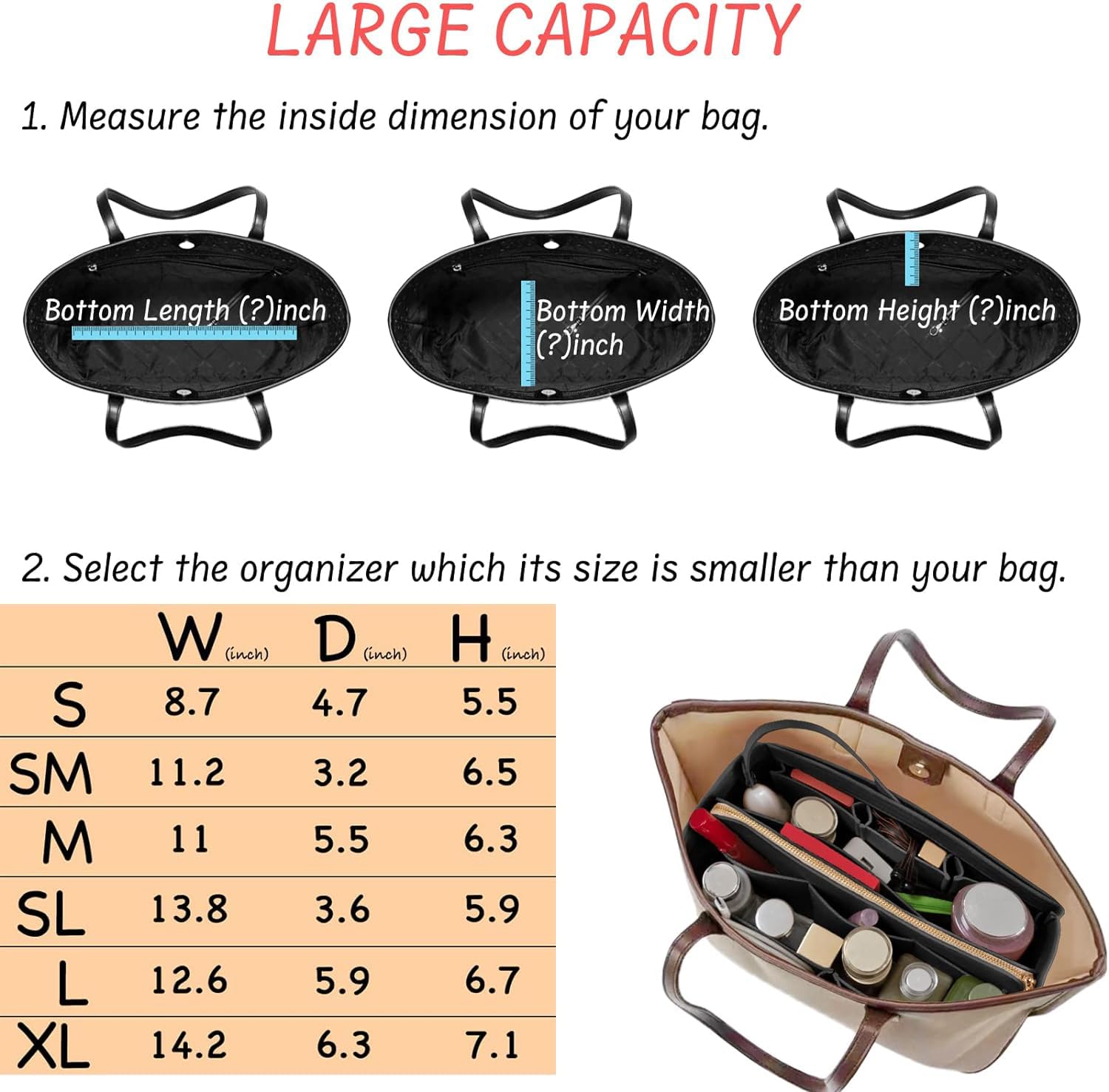 DailyPlus Purse Organizer Insert with Zipper Felt Bag Organizer Handbag Organizer Insert Bag in Bag Organizer with Key Chain for Tote Purse Bag Black Small