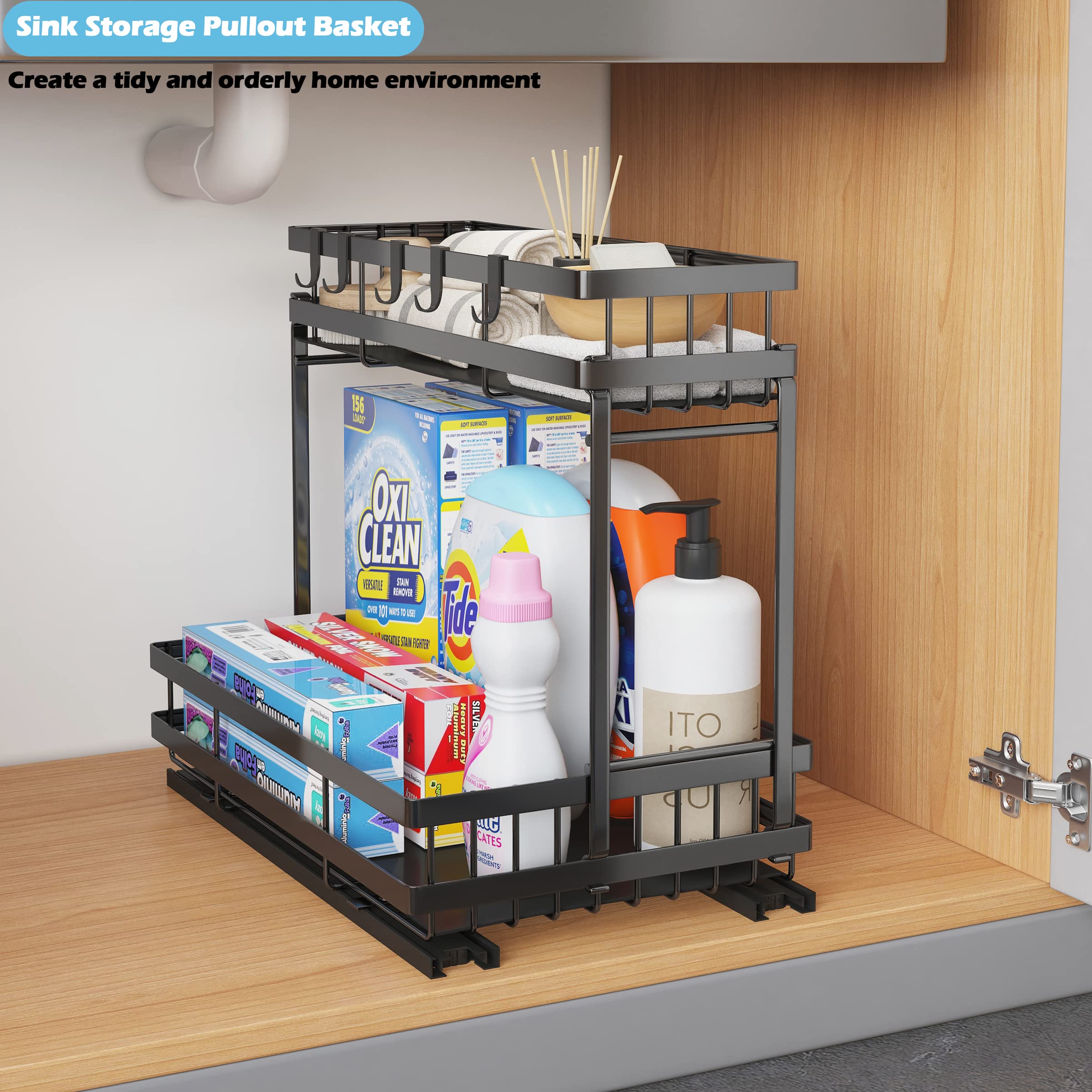 COVAODQ Multi-Purpose Bathroom Cabinet Under Sink Organizers and Storage, Stackable Kitchen Pantry Organization and Storage, Pull Out Cabinet Organizer 2-Tier Black
