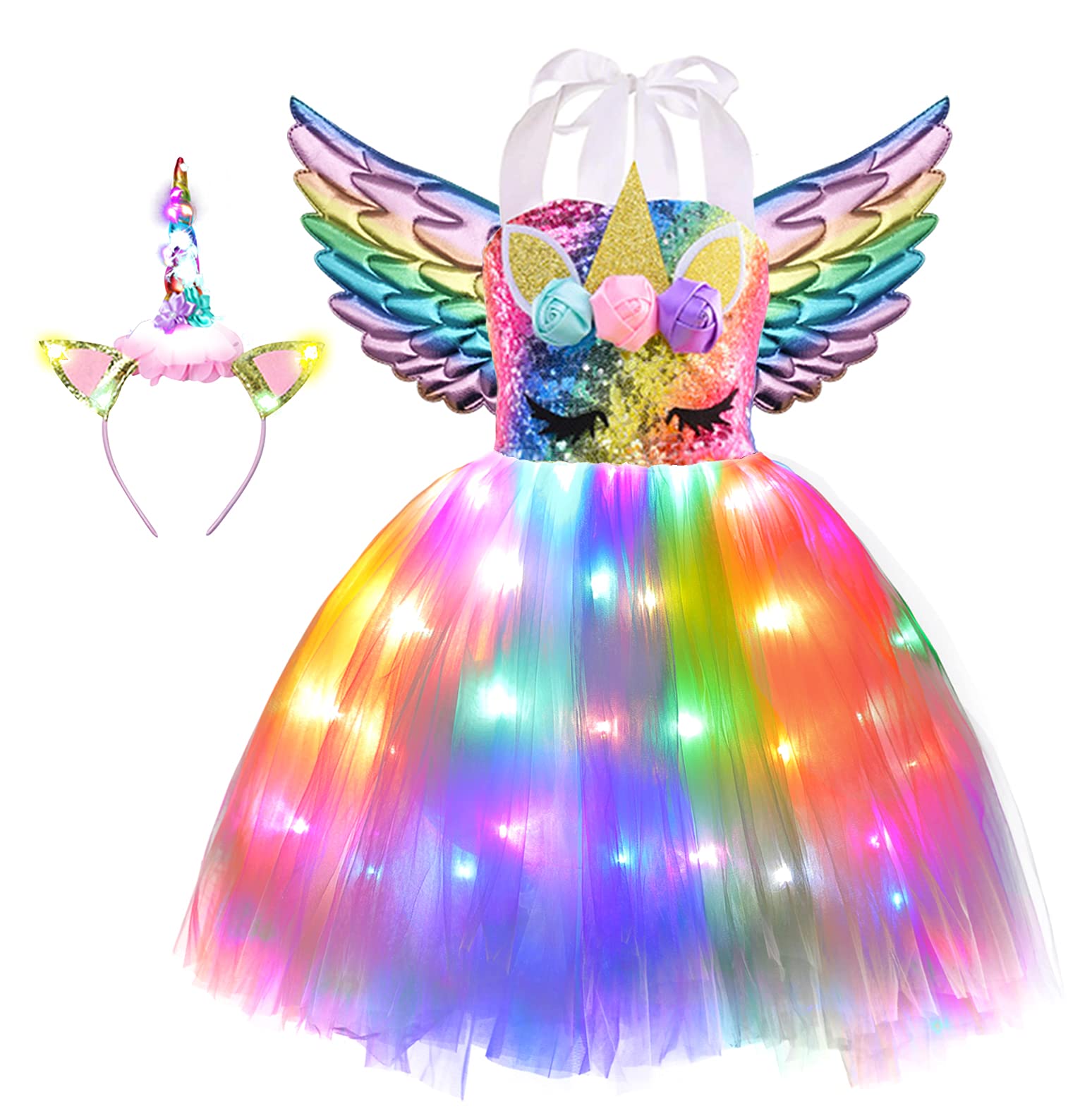 Viyorshop Girls Unicorn Costume LED Light Up Tutu Dress Up Birthday Gifts Princess Dress for Halloween Party(Rainbow Sequins, 7-8 Years)
