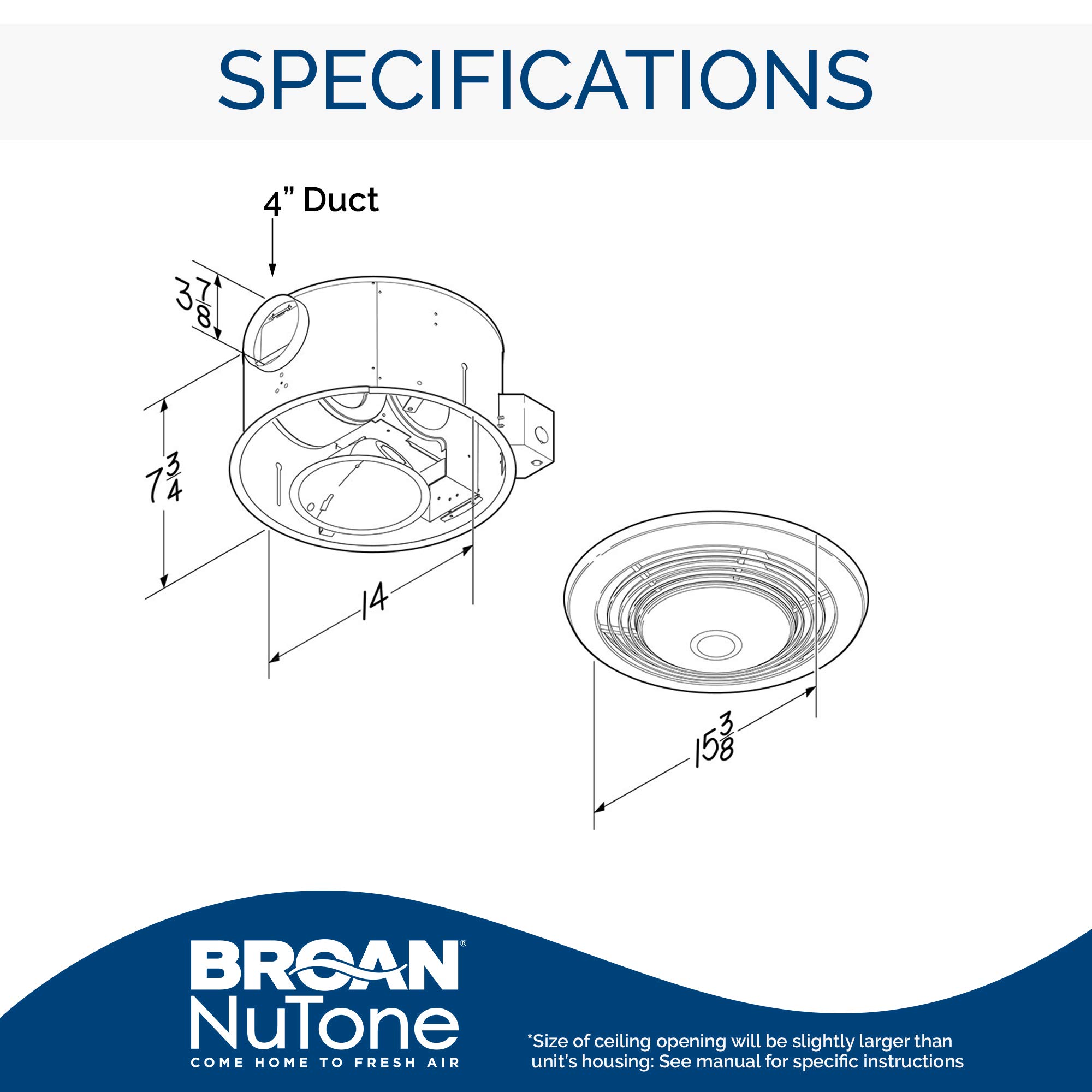 Broan-NuTone 9093WH Exhaust Fan, Heater, and Light Combo, Bathroom Ceiling Heater, 1500-Watts, 70 CFM, White