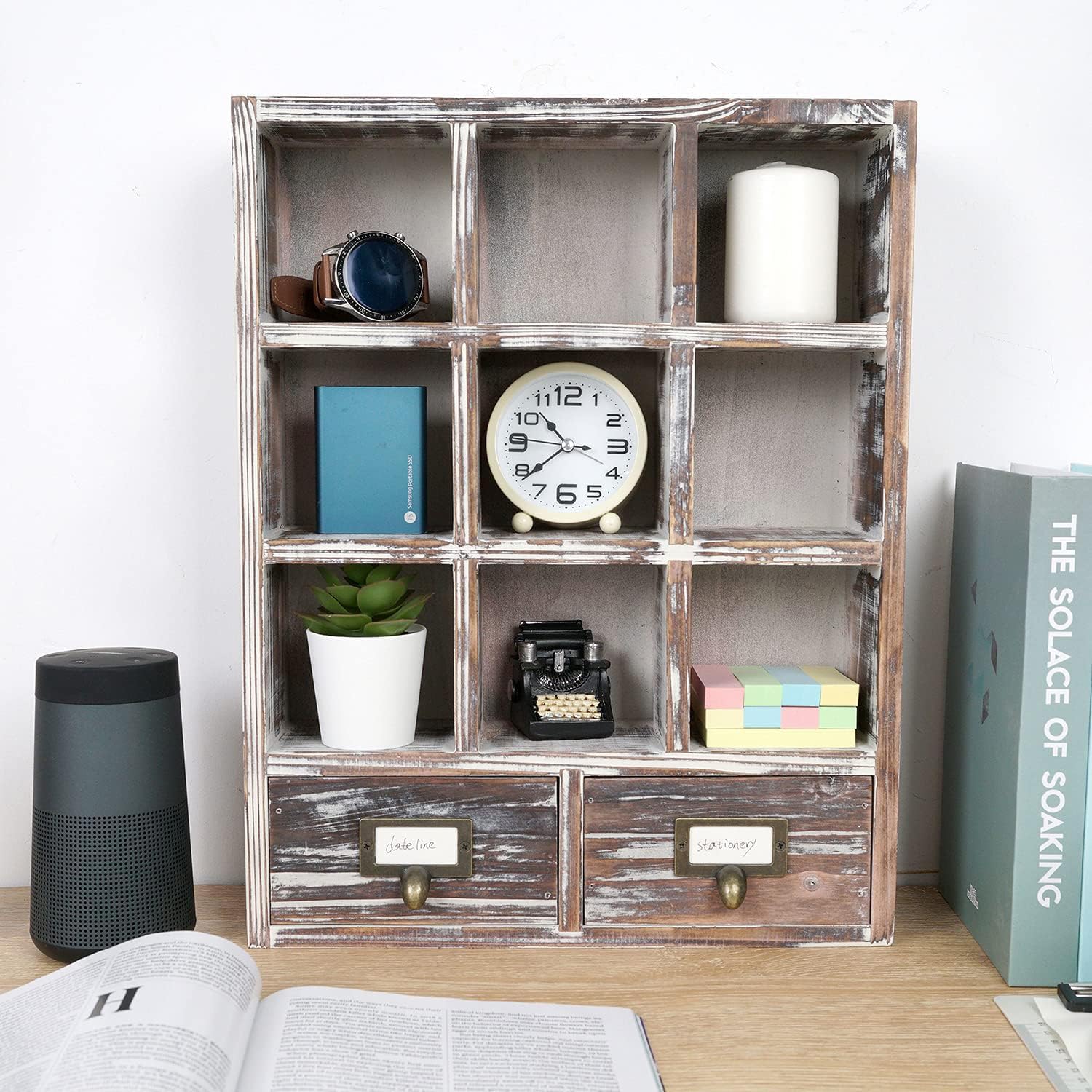 MyGift Wood Shadow Box Shelf, Rustic Brown Wooden Table Top Display Organizer with 2 Pull Out Drawers for Home, Office Decor