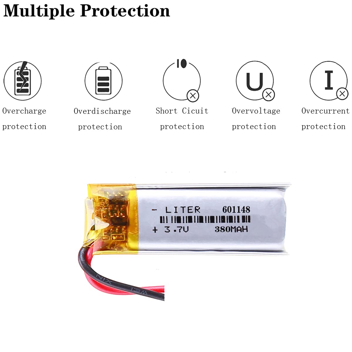 Liter 3.7V 380mAh 601148 Lipo Battery Rechargeable Lithium Polymer ion Battery Pack with Two Lines