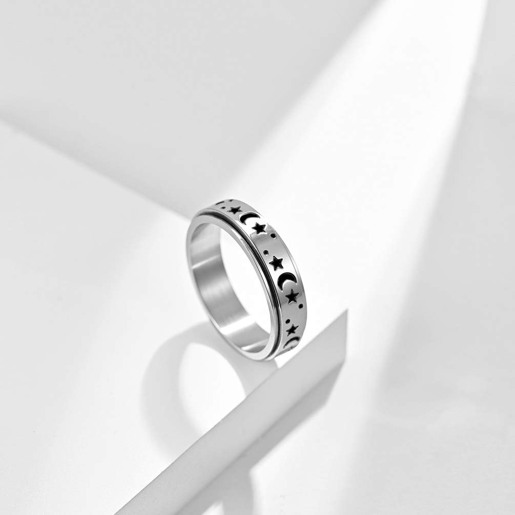 COLORFUL BLING Rotatable Moon Star Sun Fine Stainless Steel Tuning Rotating Ring Boho Jewelry for Women Men Size 6-11-10