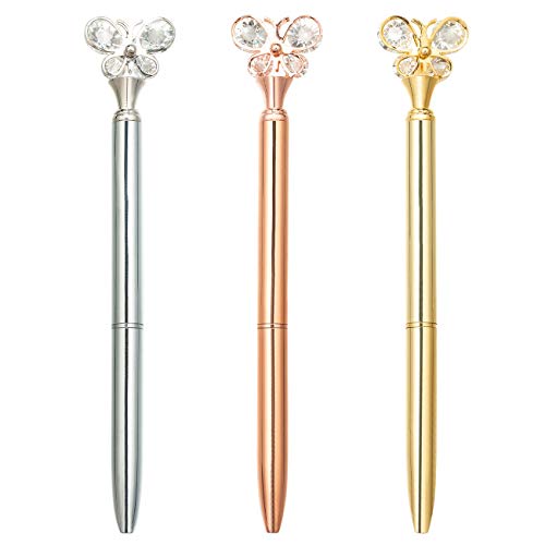 PASISIBICK Butterfly Ballpoint Pens，3 Pcs Rose Gold and Silver Metal Pens with Black Ink