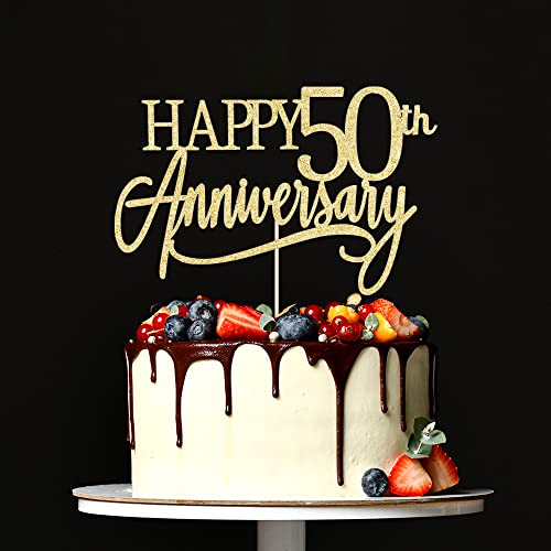 Happy 50th Anniversary Cake Topper,Gold Glitter 50th Birthday, 50Anniversary Party Decoration Supplies,Wedding Anniversary Party Decoration