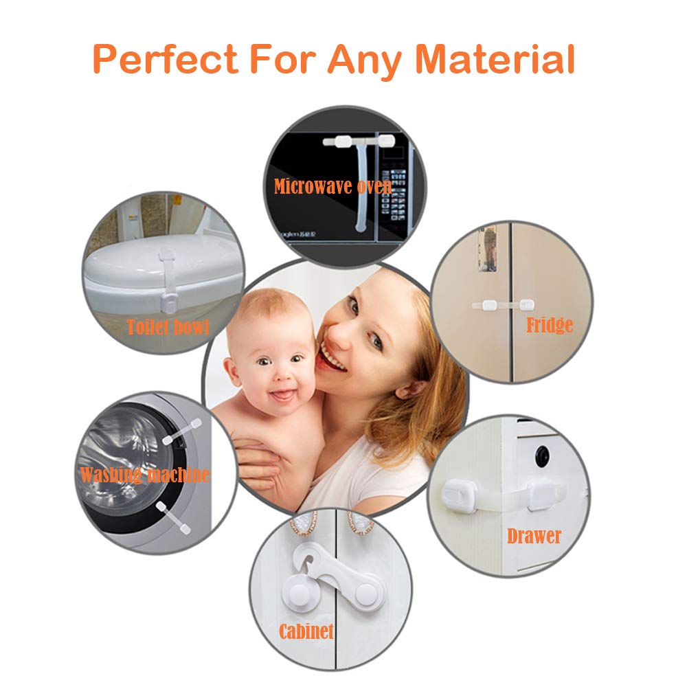 Child Safety Strap Locks and Cabinet Locks (4 Pack) for Drawers Cabinets Fridge Dishwasher Cupboard Oven Adhesive No Drilling