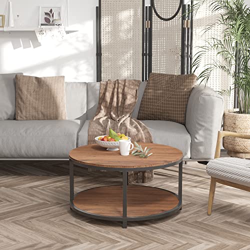 NSdirect 36” Round Coffee Table, Rustic Wooden Surface Top & Sturdy Metal Legs Industrial Sofa Table for Living Room Modern Design Home Furniture with Storage Open Shelf (Dark Walunt)