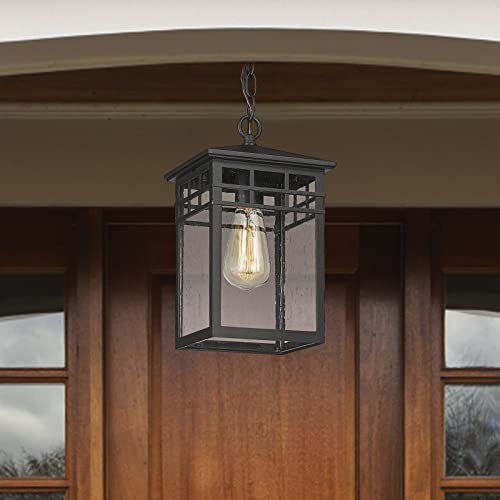 Diyel Outdoor Pendant Light Lanterns for Front Porch, Black Exterior Hanging Light Fixtures with Seeded Glass Shade for Patio, Entryway, Garage, Gazebo, RZ009-H BK