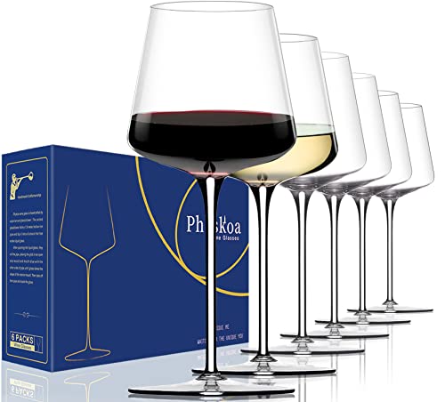 Wine Glasses Set of 6 ā Hand Blown Crystal Wine Glasses ā Tall Long Stem Red/White Wine Glasses ā Unique square wine glasses with flat bottom For Cabernet, Pinot Noir, Burgundy ā16oz Clear