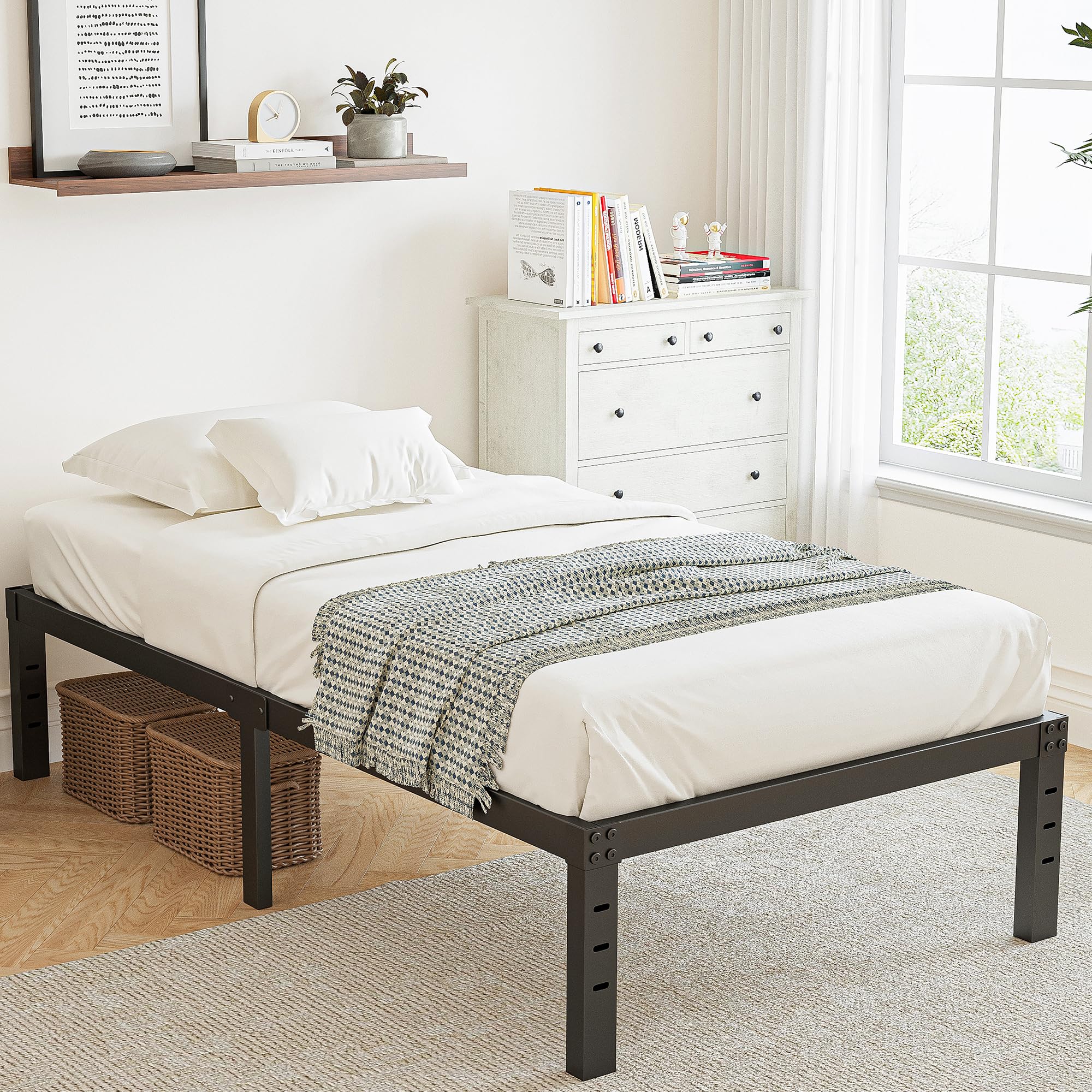 Breezehome Queen Size Metal Bed Frame with Sturdy Wood Slats No Box Spring Needed, Durable 18in High Heavy Duty Platform Bed Frame Queen, Underneath Storage, Easy Assembly, Noise Free, Black