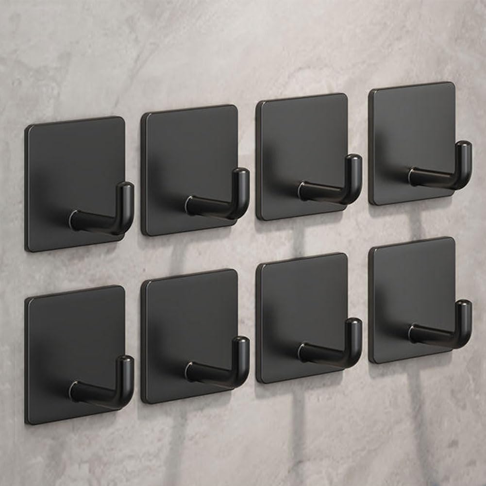 EDMILE Adhesive Hooks for Hanging, EDMILE Wall Hooks Self Adhesive Key Hat Coat Hooks, Stick on Bathroom Towel Hooks, Utility No Drill Hooks for Shower Kitchen Door Outdoor Home 8 Pack, Black
