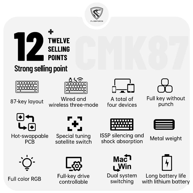 FL ESPORTS CMK87-SAM Three-Mode Full-Key Hot Swap 87-Key 2.4G Wireless Bluetooth Wired Mechanical Keyboard PBT Keycap(White)